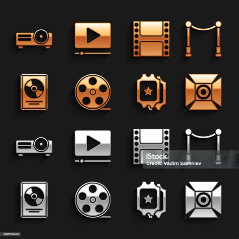 필름 릴 장벽이 있는 카펫 영화 스포트라이트 시네마 티켓 Cd 디스크 수상 프레임 비디오 재생 영화 영화 미디어 프로젝터 및 온라인 재생 비디오 아이콘을 설정합니다 벡터 0