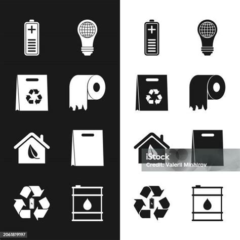 세트 화장지 롤 재활용 쇼핑백 배터리 충전 수준 표시기 전구 세계 지구본 친환경 주택 오일 배럴 및 아이콘 벡터 Friendly Match에 대한 스톡 벡터 아트 및 기타