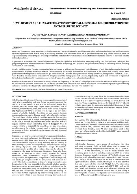 Pdf Development And Characterization Of Topical Liposomal Gel Formulation For Anti Cellulite