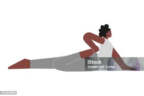 평평한 아프리카 계 미국인 여성 캐릭터가있는 벡터 격리 된 그림 스포티한 바디 양성 여성은 백벤드로 자세를 배웁니다 요가