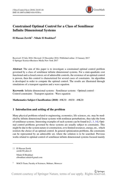 Constrained Optimal Control For A Class Of Semilinear Infinite Dimensional Systems Request Pdf