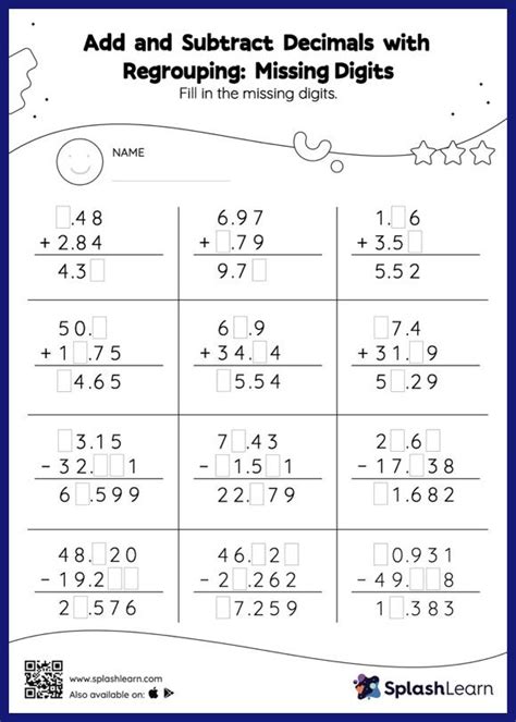 Add And Subtract Decimals With Regrouping Missing Digits Math Worksheets Splashlearn