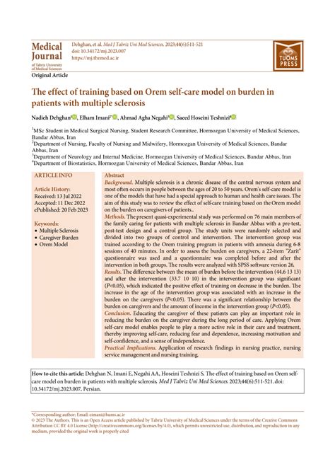Pdf The Effect Of Training Based On Orem Self Care Model On Burden In
