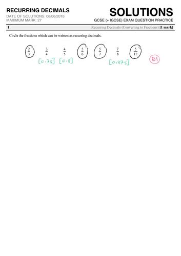 Gcse 9 1 Exam Question Practice Recurring Decimals Teaching Resources