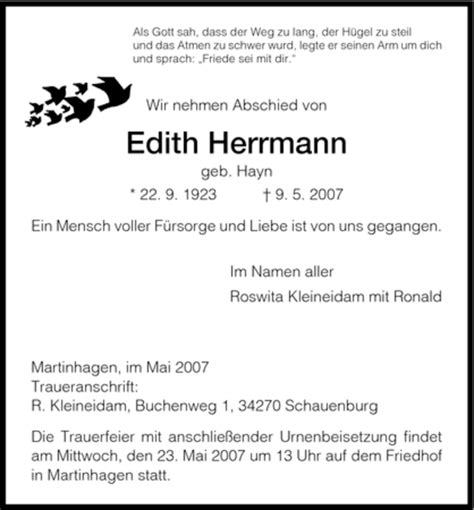 Traueranzeigen Von Edith Herrmann Trauer Hna De