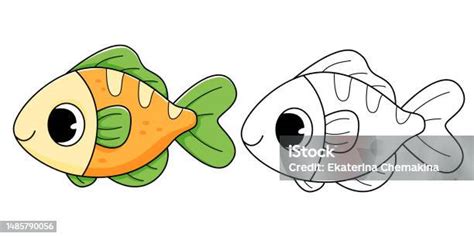 아이들을 위한 색칠 예제가 있는 물고기 색칠하기 책 물고기와 색칠 공부 페이지입니다 흑백 및 컬러 버전 어린이 그림입니다 0명에 대한 스톡 벡터 아트 및 기타 이미지