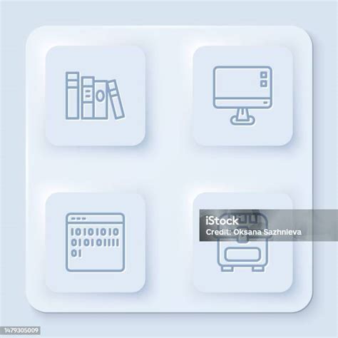 라인 북 컴퓨터 모니터 화면 바이너리 코드 및 골동품 보물 상자를 설정합니다 흰색 사각형 버튼 벡터 개념에 대한 스톡 벡터 아트