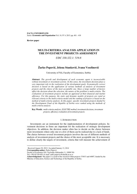 Pdf Multi Criteria Analysis Application In The Investment Projects