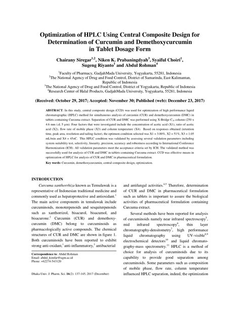 Pdf Optimization Of Hplc Using Central Composite Design For Determination Of Curcumin And