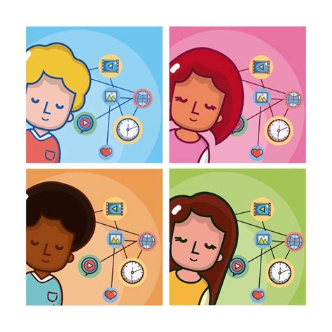 사람과 소셜 미디어 만화 세트 프리미엄 벡터