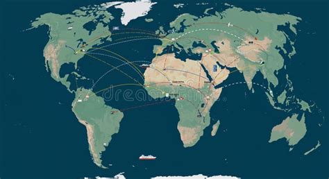 World Map Showcasing Major Trade Routes Arrows Connect Various