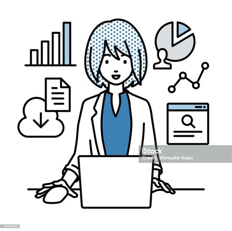 웹 사이트 검색 클라우드에서 파일 공유 분석 및 책상에서 보고서를 만들기 위해 랩톱 컴퓨터를 사용하여 작업 재킷 스타일의 여성 검색에 대한 스톡 벡터 아트 및 기타 이미지