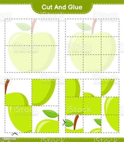 ตัดและกาวตัดชิ้นส่วนของแอปเปิ้ลและกาวพวกเขา เกมเด็กการศึกษาแผ่นงานที่พิมพ์ได้ภาพประกอบ ภาพประกอบ