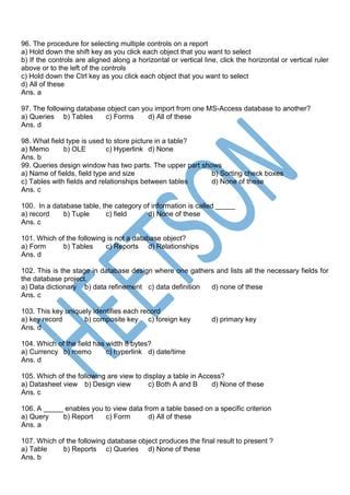 MS Access MCQ Questions Microsoft Office PDF