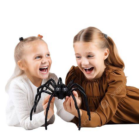 거미 장난감 검은 무서운 거미 장난감을 가지고 노는 할로윈 의상을 입고 두 아름다운 재미있는 소녀 취학 전 아이들 어린이들 Png 일러스트 및 이미지 에 대한 무료