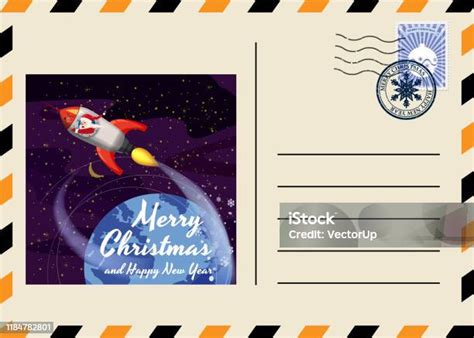 스탬프와 마크크리스마스와 새해 엽서 산타 클로스 로켓은 지구 위의 밤 하늘을 통해 비행 편평한 만화 스타일 벡터 일러스트 인사말 카드 포스터 배너 0명에 대한 스톡 벡터