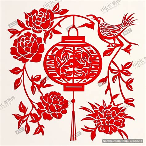 Ai创作图红灯笼 鸟 牡丹 花 剪纸 图案 装饰 中式 传统 花卉 植物 鸟雀 灯笼穗 枝叶 吉祥 昵图网