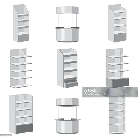 흰색 바탕에 슈퍼마켓 바닥 진열 장 선반을 설정 합니다 광고 포스 포입니다 슬림 화이트입니다 레이아웃 템플릿입니다 벡터 일러스트입니다 절연 매장 상품진열에 대한 스톡 벡터