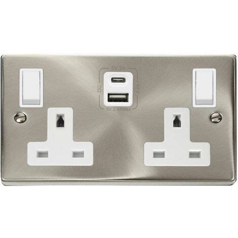 Satin Brushed Chrome 2 Gang 13A Type A C USB Twin Double Switched Plug Socket White Trim