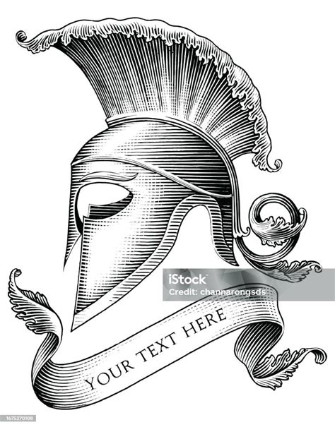 배너 손으로 로마 군인 헬멧 그리기 빈티지 조각 스타일 흑백 클립 아트 검투사에 대한 스톡 벡터 아트 및 기타 이미지 검투사