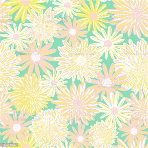 봄 꽃 원활한 벡터 패턴입니다 녹색 배경에 핑크 노란색 흰색 데이지와 아스터 꽃입니다 현대 계절 꽃 반복 타일입니다 직물 장식을위한 손으로 그린 봄 여름 디자인 0명에 대한