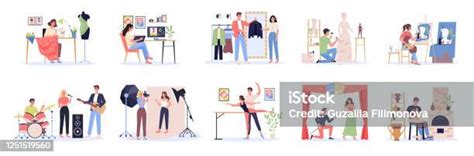창조적 인 직업 세트 직장에서 디자이너와 예술가 댄서와 음악가 의 컬렉션 배우에 대한 스톡 벡터 아트 및 기타 이미지 배우 디자인 전문가 예술가 Istock