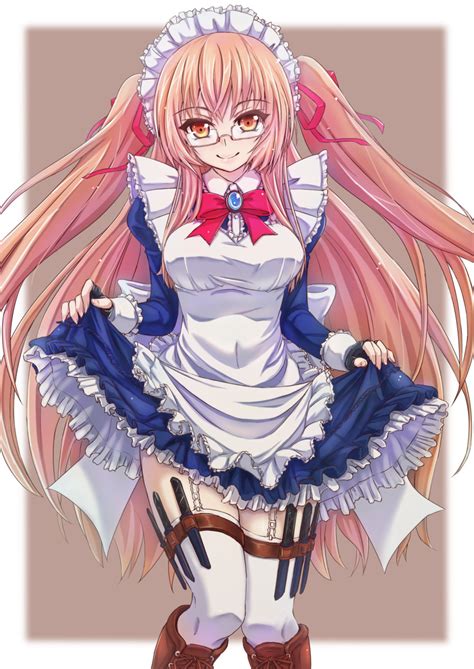 Safebooru Apron Boots Cross Laced Footwear Glasses Hair Ribbon