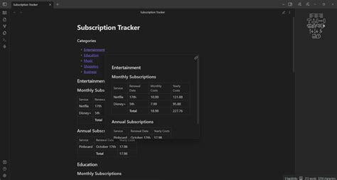 a basic subscription tracker template for obsidian that uses advanced tables by tony grosinger