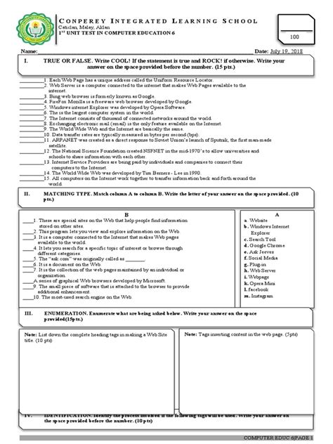 Grade6 Unittest Pdf World Wide Web Internet And Web