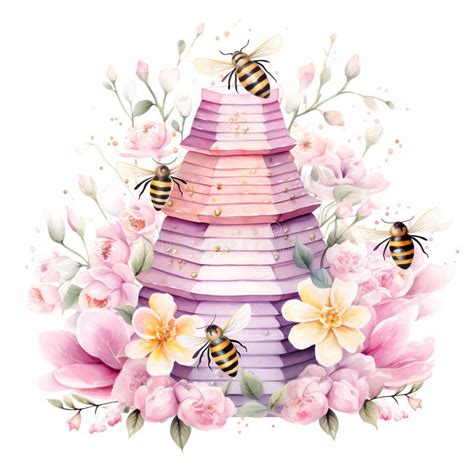 Beautiful Spring Magical Colorful Beehive With Flowers Watercolor Clipart Illustration Stock