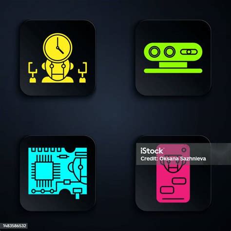 봇 로봇 및 디지털 시간 관리자 인쇄 회로 기판 Pcb 및 3d 스캐닝 시스템을 설정합니다 검은색 사각형 버튼입니다 벡터