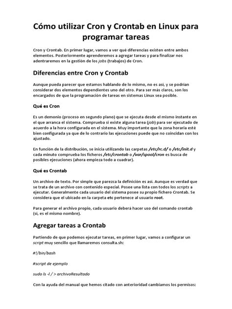 Cómo Utilizar Cron Y Crontab En Linux Para Programar Tareas Pdf Gestión De Tecnología De La