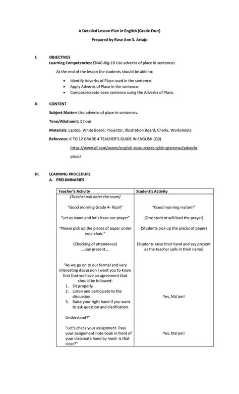 Detailed Lesson Plan For Elementary A Detailed Lesson Plan In English Grade Four Prepared By