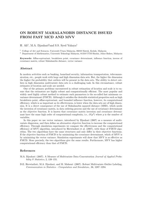 Pdf On Robust Mahalanobis Distance Issued From Fast Mcd And Mvv