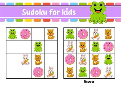 아이들을 위한 스도쿠 교육 개발 워크시트 만화 캐릭터 색상 활동 페이지 아이들을 위한 퍼즐 게임 논리적 사고 훈련 벡터 그림 프리미엄 벡터