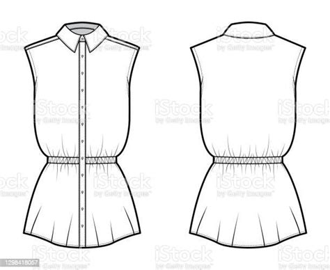 셔츠 드로스트링 슬리브리스 튜닉 길이 클래식 칼라 의류를 곁들인 허리 테크니컬 패션 일러스트레이션 0명에 대한 스톡 벡터 아트 및 기타 이미지 Istock