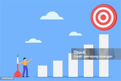 목표 달성 평면 디자인 인생 목표 달성 마케팅 타겟팅 개념입니다 그래프 계단 위에 다트와 다트 보드를 가진 남자 벡터 그림입니다 계약서에 대한 스톡 벡터 아트 및 기타