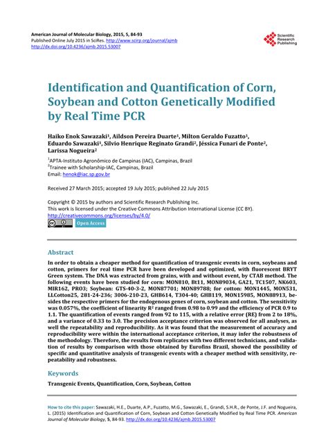 Pdf Identification And Quantification Of Corn Soybean And Cotton Genetically Modified By Real