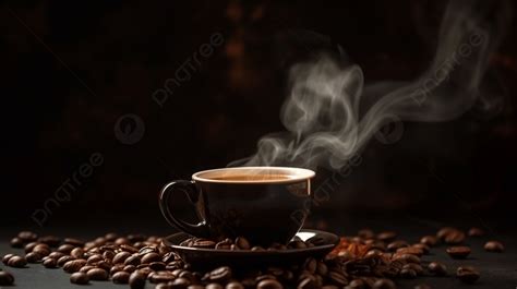 Cup Of Coffee And Coffee Beans On Dark Background With Steam