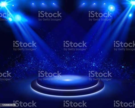 아름다운 조명과 연기로 빛나는 무대 검은 색 배경에 연기 볼륨 라이트 효과가있는 파란색 벡터 스포트라이트 경기장 흐림 프로젝터 안개 쇼 룸입니다 벡터 배경 주제에 대한 스톡