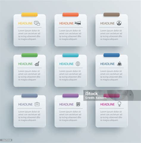 데이터 템플릿이 있는 9개의 인포그래픽 직사각형 용지 인덱스 벡터 일러스트 추상 배경입니다 워크플로 레이아웃 비즈니스 단계 배너 웹 디자인에 사용할 수 있습니다 인포그래픽에