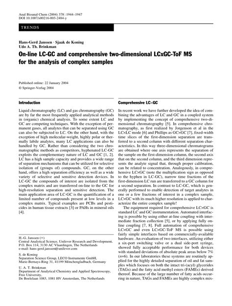 PDF On Line LC GC And Comprehensive Two Dimensional LCxGC ToF MS For The Analysis Of Complex