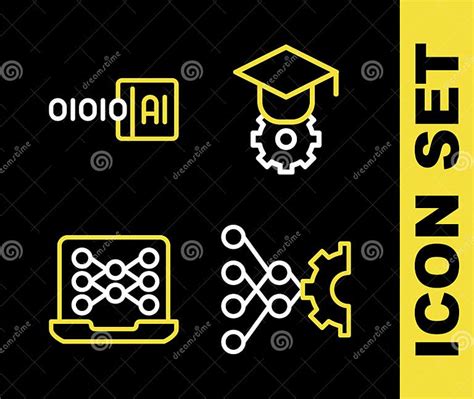 Set Line Graduation Cap Neural Network And Binary Code Icon Vector