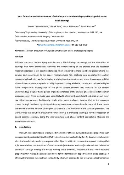 Pdf Splat Formation And Microstructure Of Solution Precursor Thermal Sprayed Nb Doped Titanium