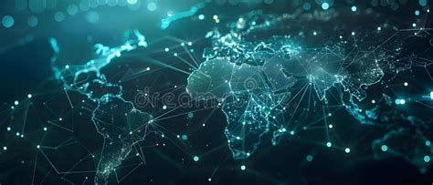 Global Network Map Showing Interconnected Communication Lines And Nodes Across Continents Stock