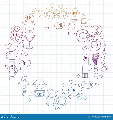 Funny Icons For Sex Shop Cute Cartoon Characters Dildo Strawberry Condom Heart Love And