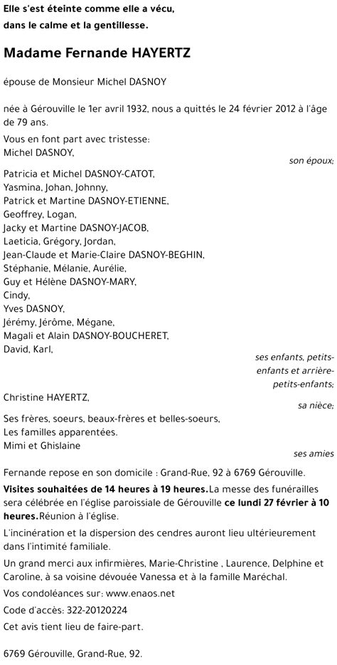 Avis De Décès De Fernande Hayertz Décédé Le 24022012 à Gérouville