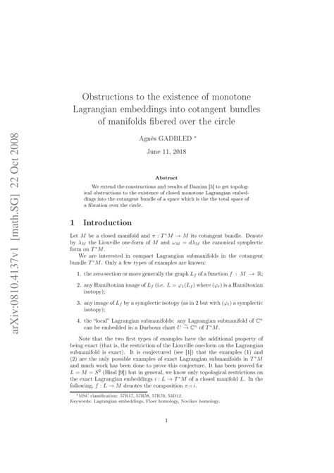 Pdf Obstructions To The Existence Of Monotone Lagrangian Embeddings