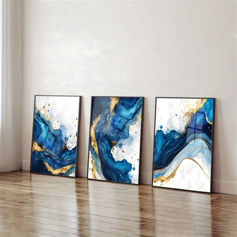 3pcs Luxury Blue And Golden Abstract Canvas Printsabstract Art