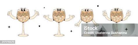 복고풍 그루비 캐릭터 여름 칵테일을 설정합니다 펑키한 알코올 음료 다양한 포즈와 감정으로 리몬첼로를 뿌립니다 빈티지 벡터 일러스트 레이 션 70 년대 80 년대 스타일